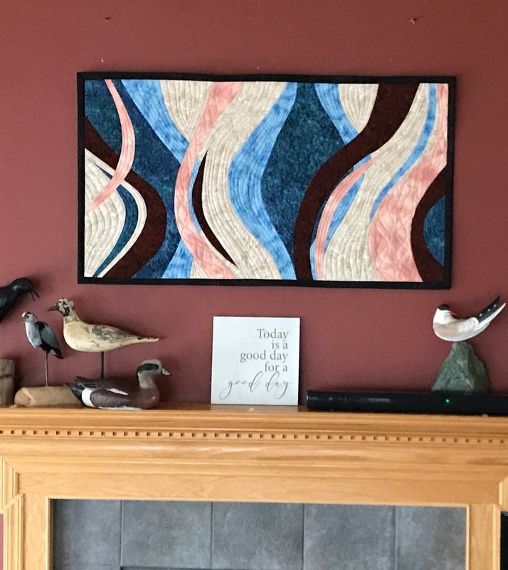 Art Quilt Maroon Blue Peach Curves Wall Quilt Wall Hanging - Etsy