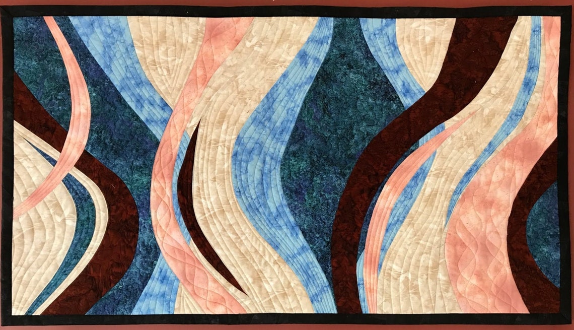 Art Quilt Maroon Blue Peach Curves Wall Quilt Wall Hanging - Etsy