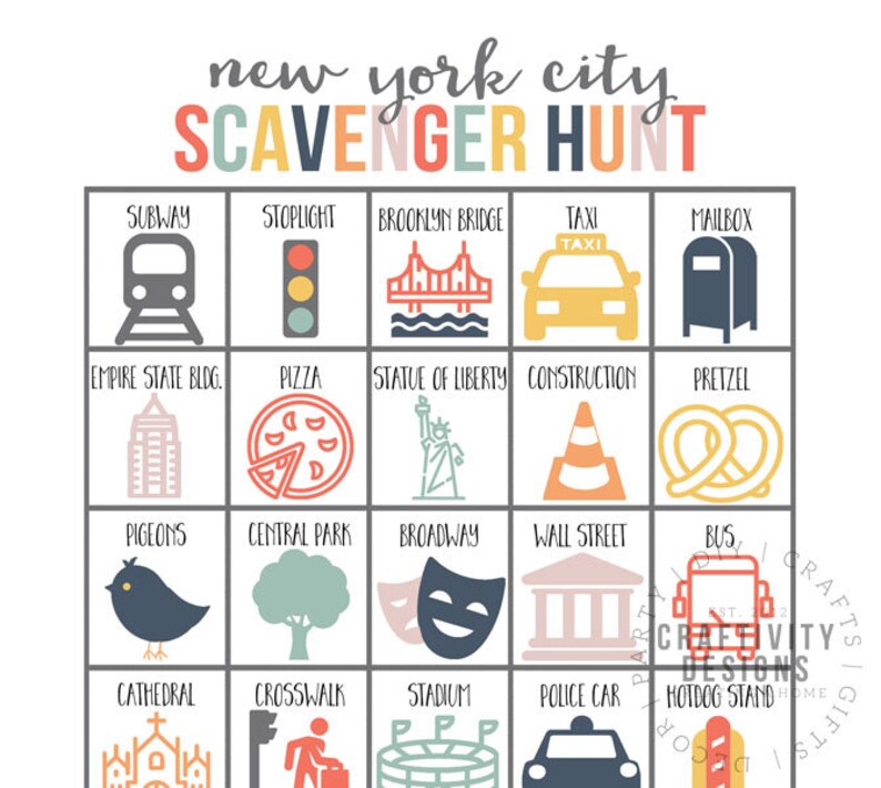 Scavenger Hunt NYC, Travel Scavenger Hunt Game, New York City, Icons, I ...