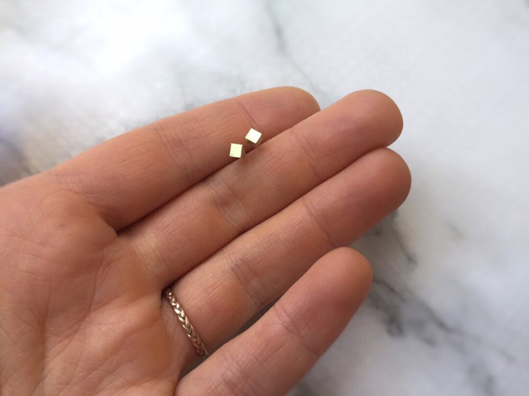 Tiny Brass Studs, Brass Stud Earrings, Cube Stud Earrings, Minimalist ...