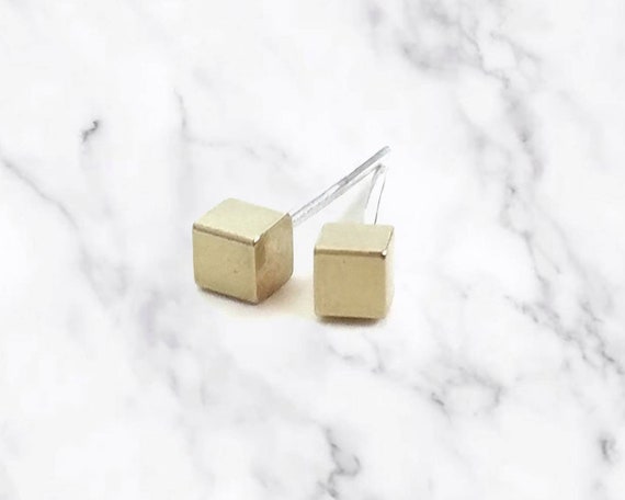 Tiny brass studs Brass stud earrings Cube stud earrings | Etsy