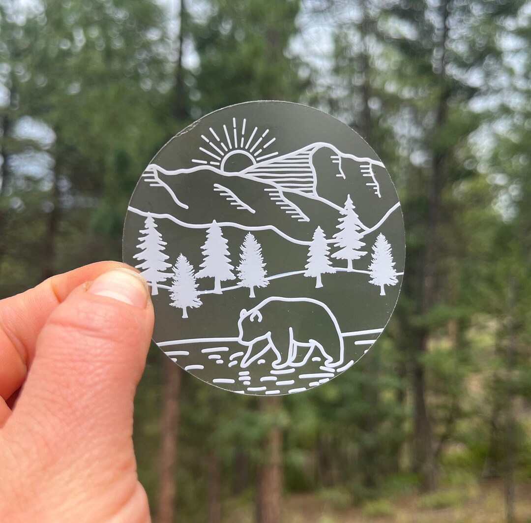 Clear Vinyl Bear and Mountains Sticker, Nature Sticker, Bear Sticker ...