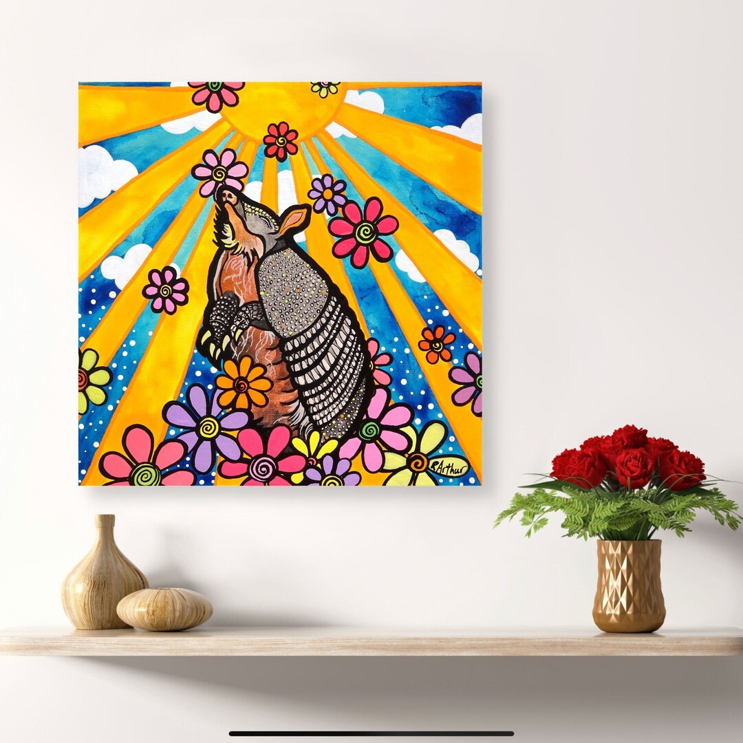 Armadillo, Sunbeams, Flowers and Puffy Clouds Unframed Fine Art Canvas Print by Colorado Artist ...