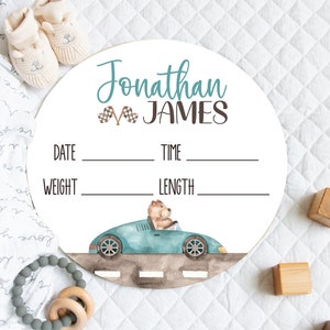 Race Car Birth Stats Sign, Personalized Birth Announcement Sign, Round ...