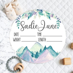 Floral Mountain Birth Stats Sign Baby Girl, Personalized Round Wood ...