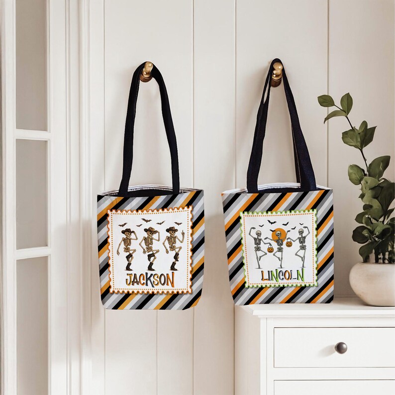 CUSTOM NAME KIDS Halloween Bag, Dancing Skeletons Trick or Treat Bag ...