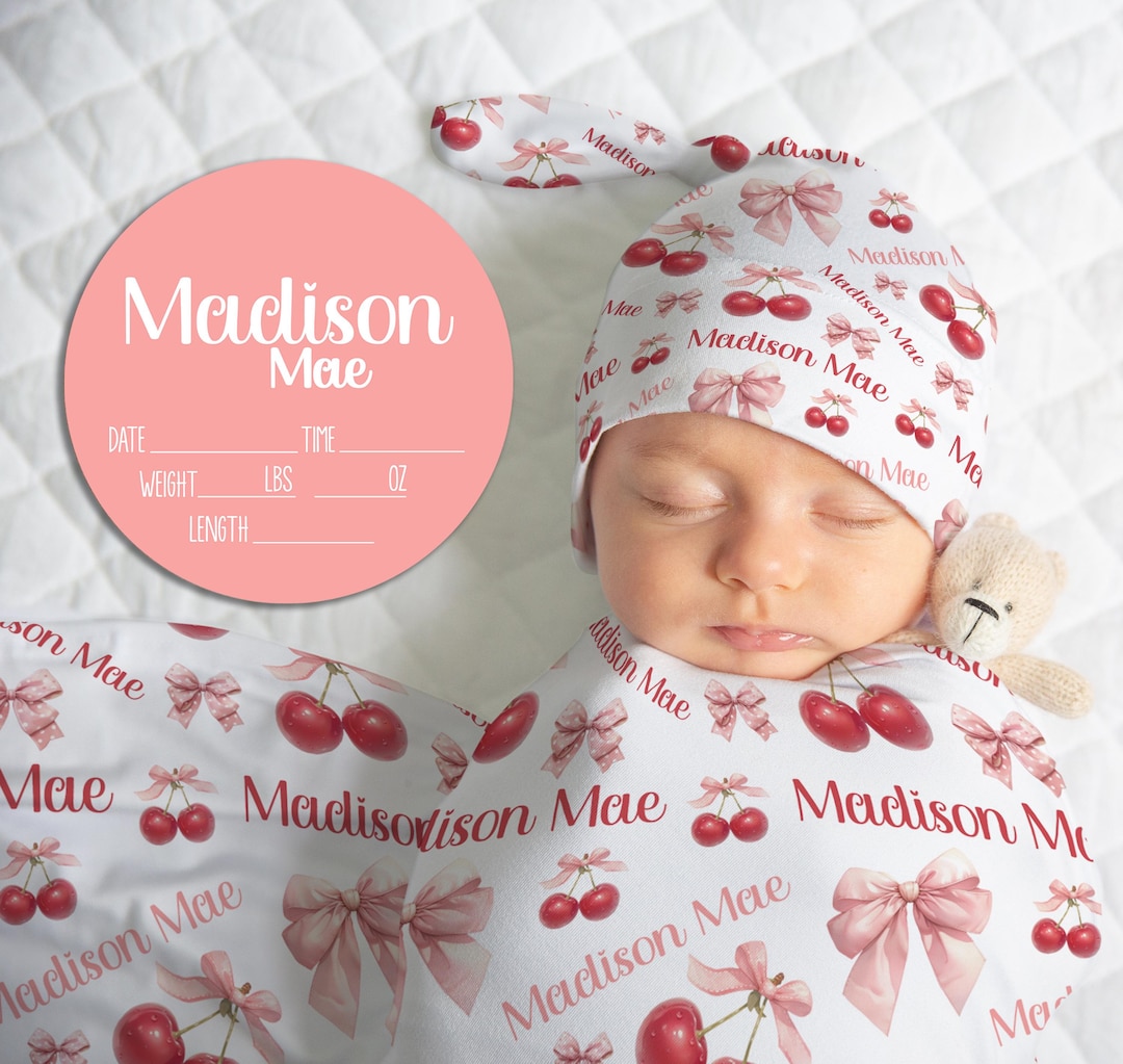 NEWBORN GIRL PINK Bow Swaddle Blanket, Bows and Cherries Swaddle Set ...