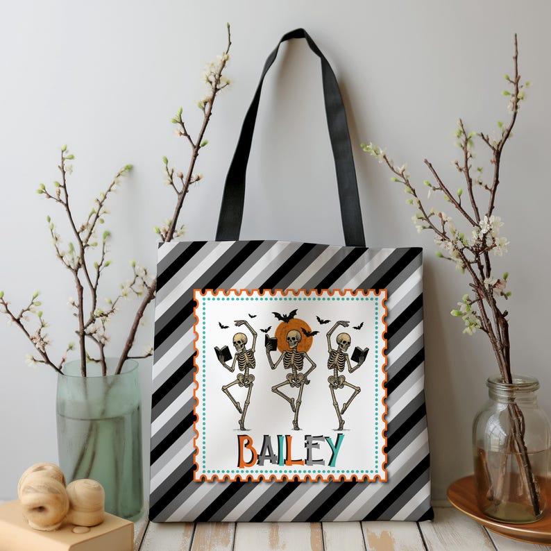 CUSTOM NAME KIDS Halloween Bag, Dancing Skeletons Trick or Treat Bag ...
