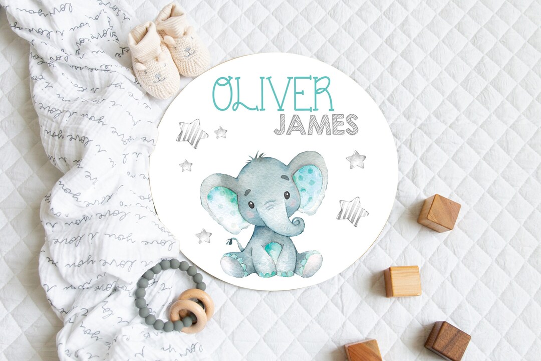 Personalized Elephant Baby Name Round Wood Sign, Aqua Elephant, Newborn ...