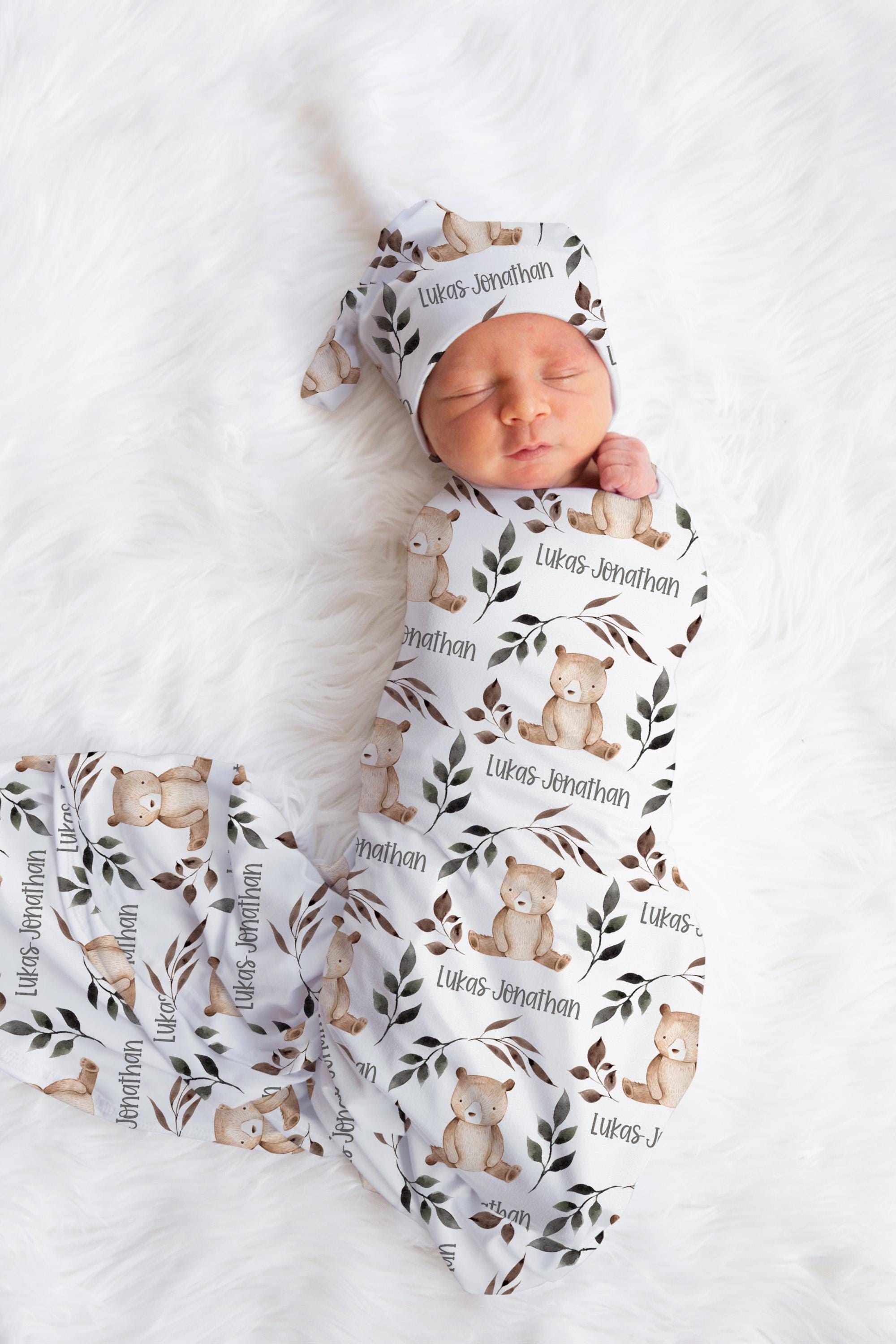WOODLAND BEAR BABY Name Swaddle Set, Personalized Baby Boy Bear Swaddle ...