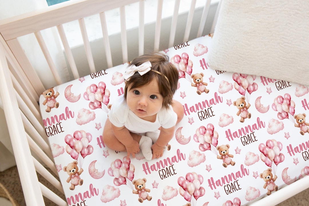 PINK FLOATING BEAR Crib Sheets, Personalized Baby Girl Teddy Bear ...