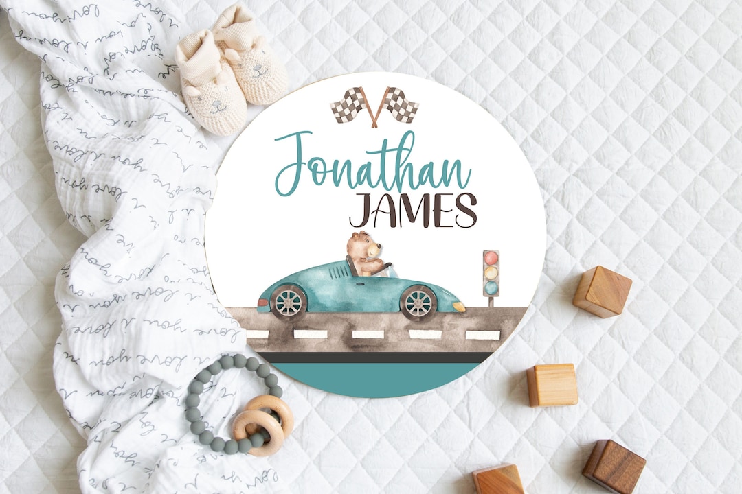 Baby Boy Personalized Wood Sign, Boy Race Car Nursery, Round Wood Sign ...