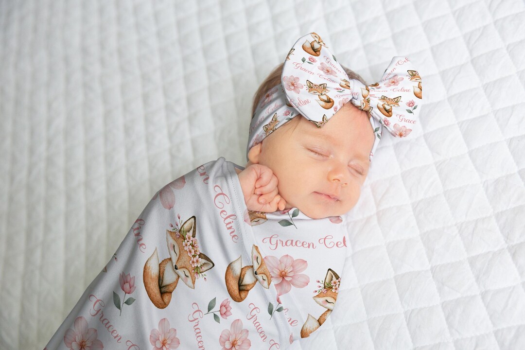 PERSONALIZED BABY GIRL Fox Swaddle, Pink Floral Fox Baby Gown, Custom ...