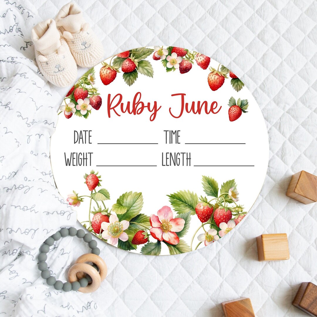Strawberry Baby Birth Stats Sign, Personalized Nursery Decor, Newborn ...