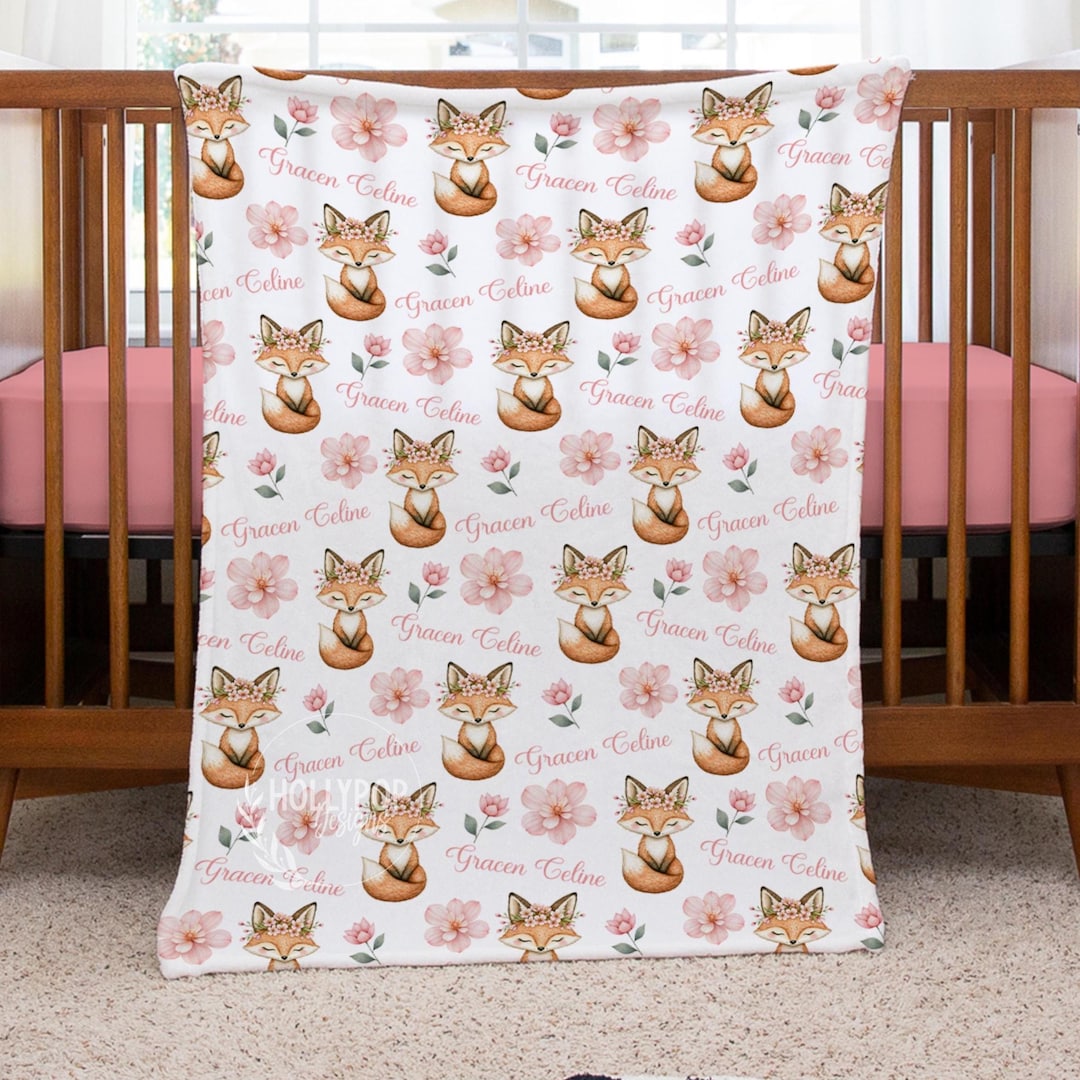 BABY GIRL FOX Personalized Blanket, Custom Girl Blanket Pink Floral Fox ...