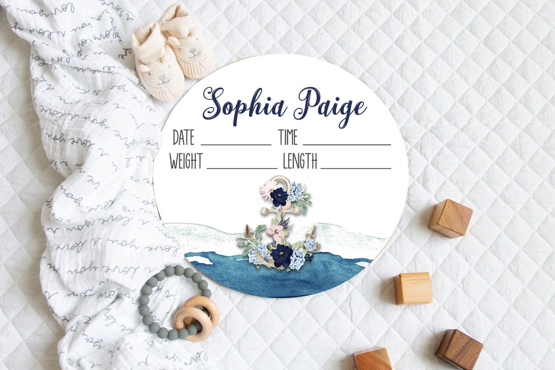 Baby Girl Ocean Birth Stats Sign, Floral Anchor Nautical, Personalized ...