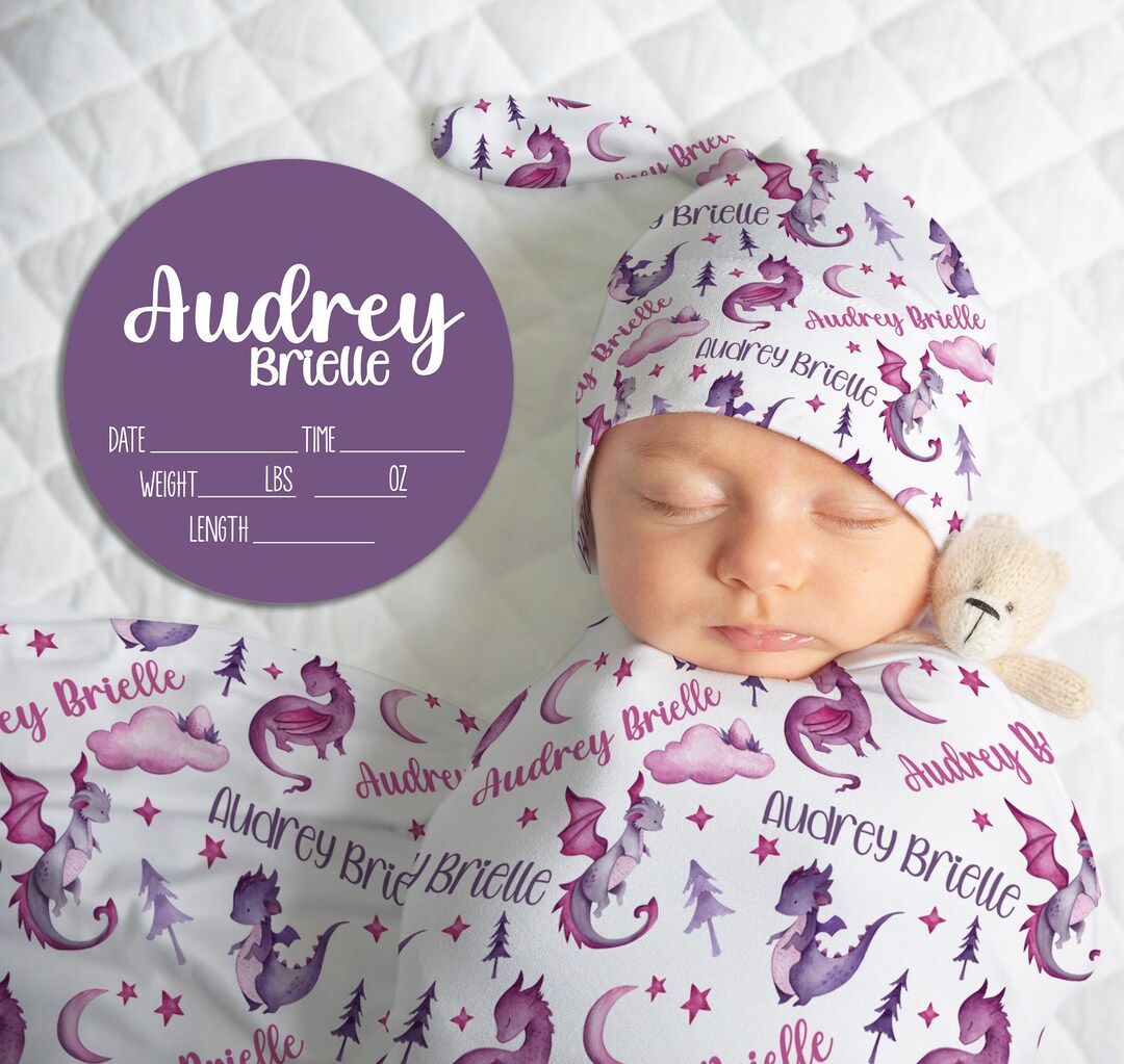 BABY GIRL DRAGON Swaddle Blanket, Personalized Baby Birth Stats Sign ...