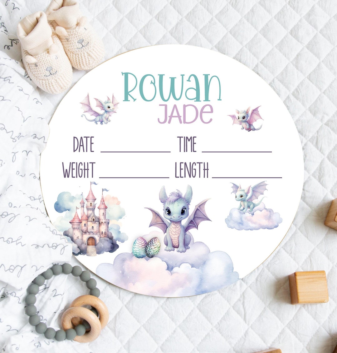 BABY GIRL DRAGON Birth Announcement Sign, Baby Birth Stats Round Wood ...