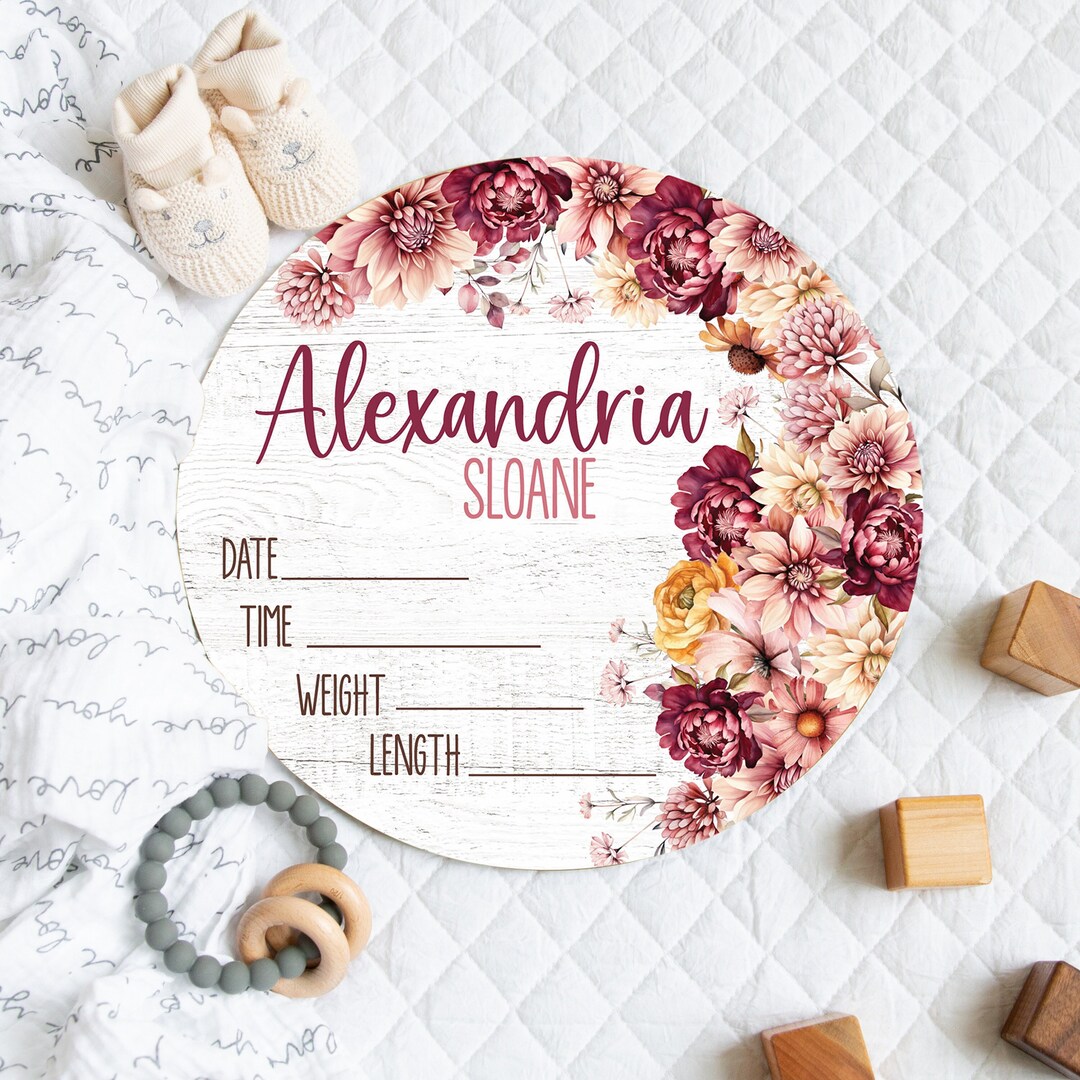 FLORAL BABY Birth Stats Sign, Personalized Girl Birth Stats Sign, Pink ...