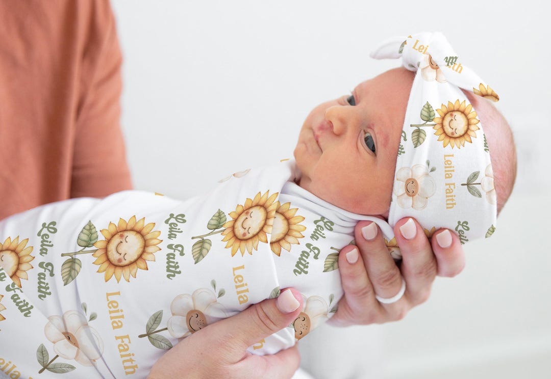 SUNFLOWER DAISY BABY Girl Swaddle Set, Smiley Flower Baby Blanket ...