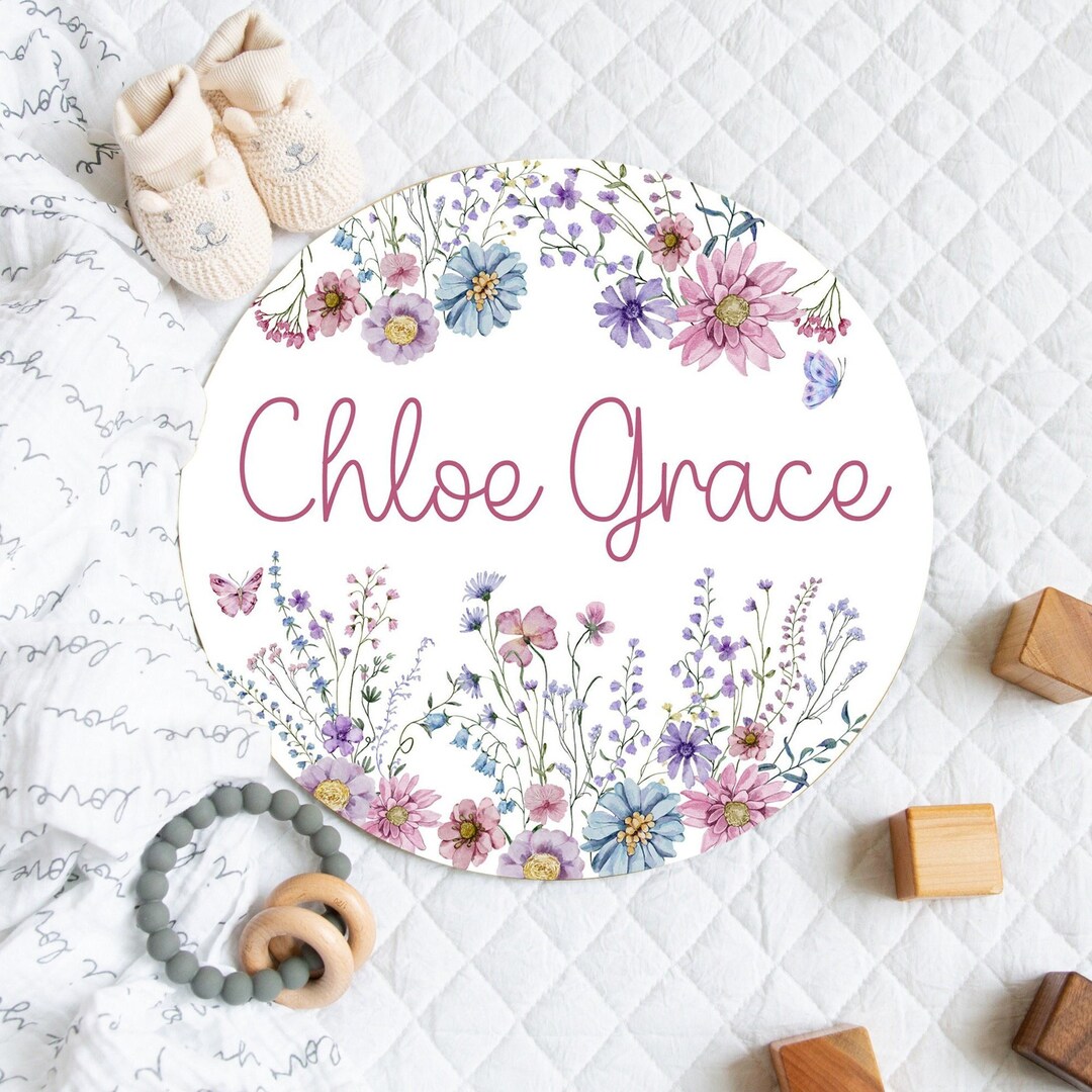 PERSONALIZED WILDFLOWER Baby Name Sign, Round Wood Baby Girl Name Sign ...