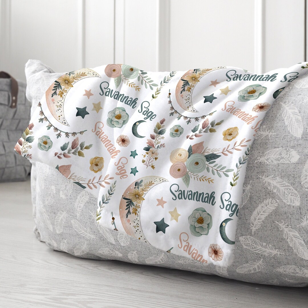 PERSONALIZED BOHO MOON Blanket, Baby Girl Moon Stars Blanket, Boho Baby ...
