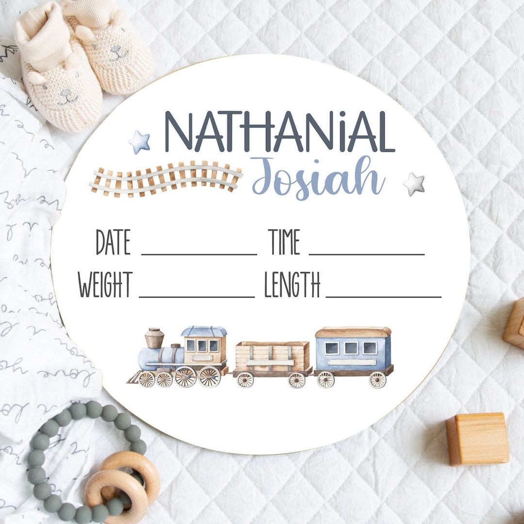 Newborn Baby Birth Stat Sign, Blue Watercolor Train, Personalized Baby ...