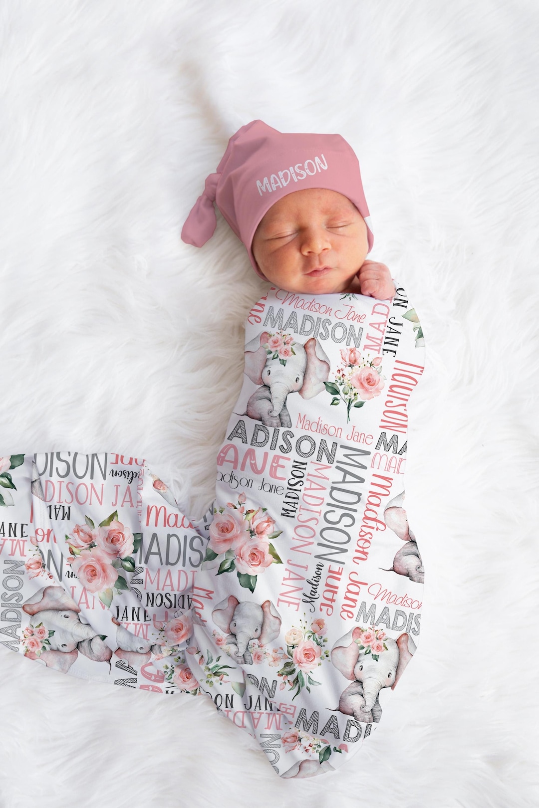 PINK FLORAL ELEPHANT Baby Girl Swaddle Blanket, Personalized Newborn ...