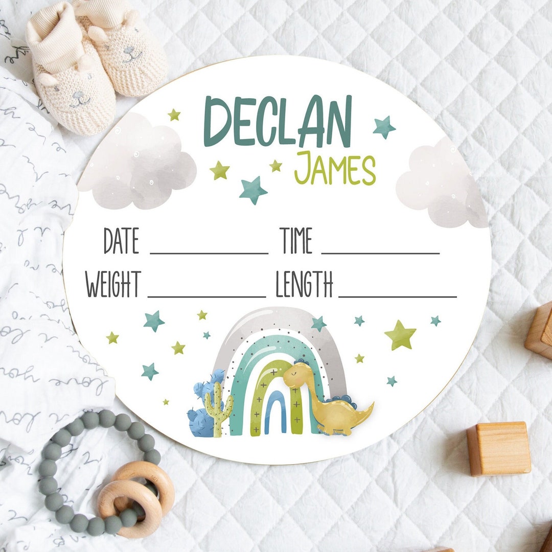 Dinosaur Birth Stats Nursery Sign, Baby Boy Round Wood Baby Stats Sign ...