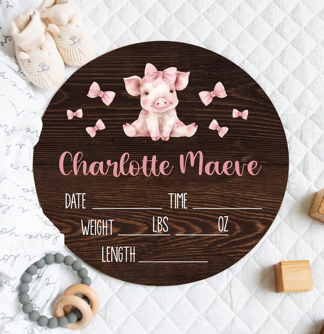 BABY GIRL PIG Birth Stat Sign, Pink Bow Pig Baby Girl Birth Sign ...