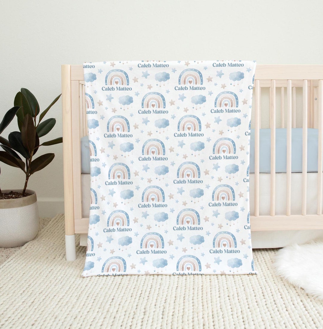 BLUE RAINBOW BABY Blanket, Baby Boy Name Blanket Rainbows Stars Clouds ...
