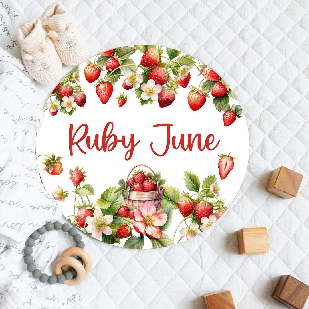 STRAWBERRY BABY NAME Sign, Personalized Strawberry Nursery, Round Wood ...