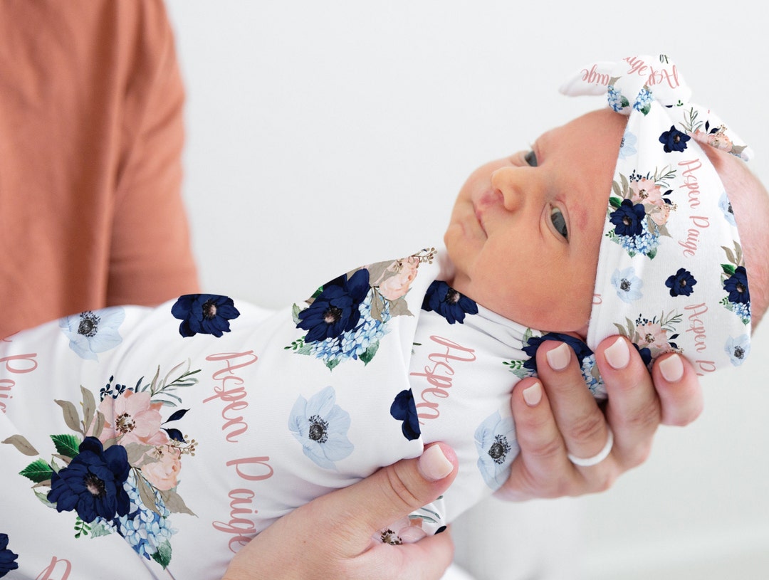 Personalized Baby Girl Swaddle Set, Floral Blanket, Beanie and Headband ...