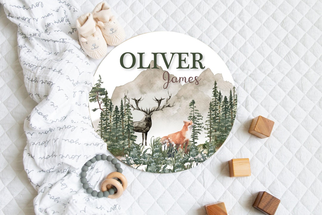 Woodland Theme Baby Name Round Wood Sign, Forest Theme Nursery Sign ...