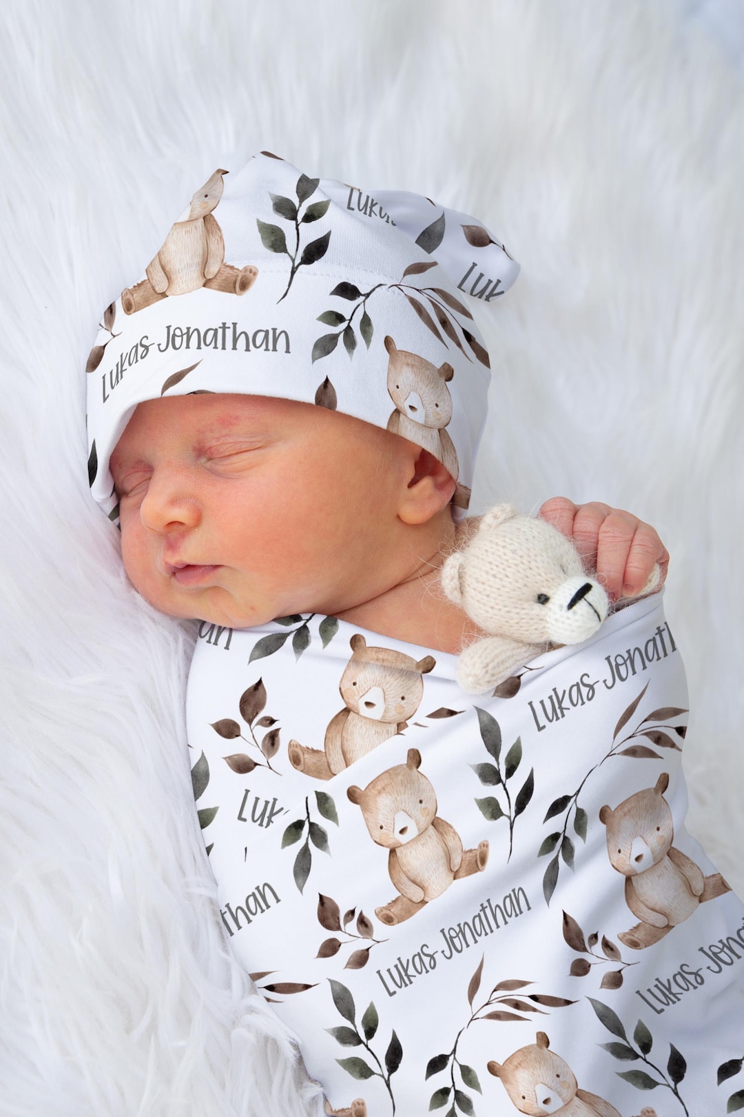 WOODLAND BEAR BABY Name Swaddle Set, Personalized Baby Boy Bear Swaddle ...