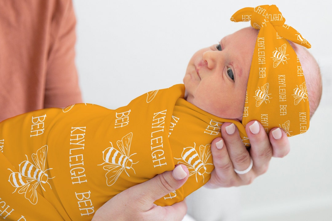 Bumblebee Baby Swaddle Set Personalized Name Blanket Hat Headband for ...