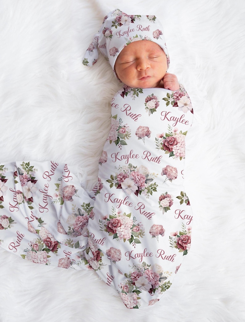CUSTOM FLORAL SWADDLE Blanket, Personalized Baby Girl Swaddle Set ...