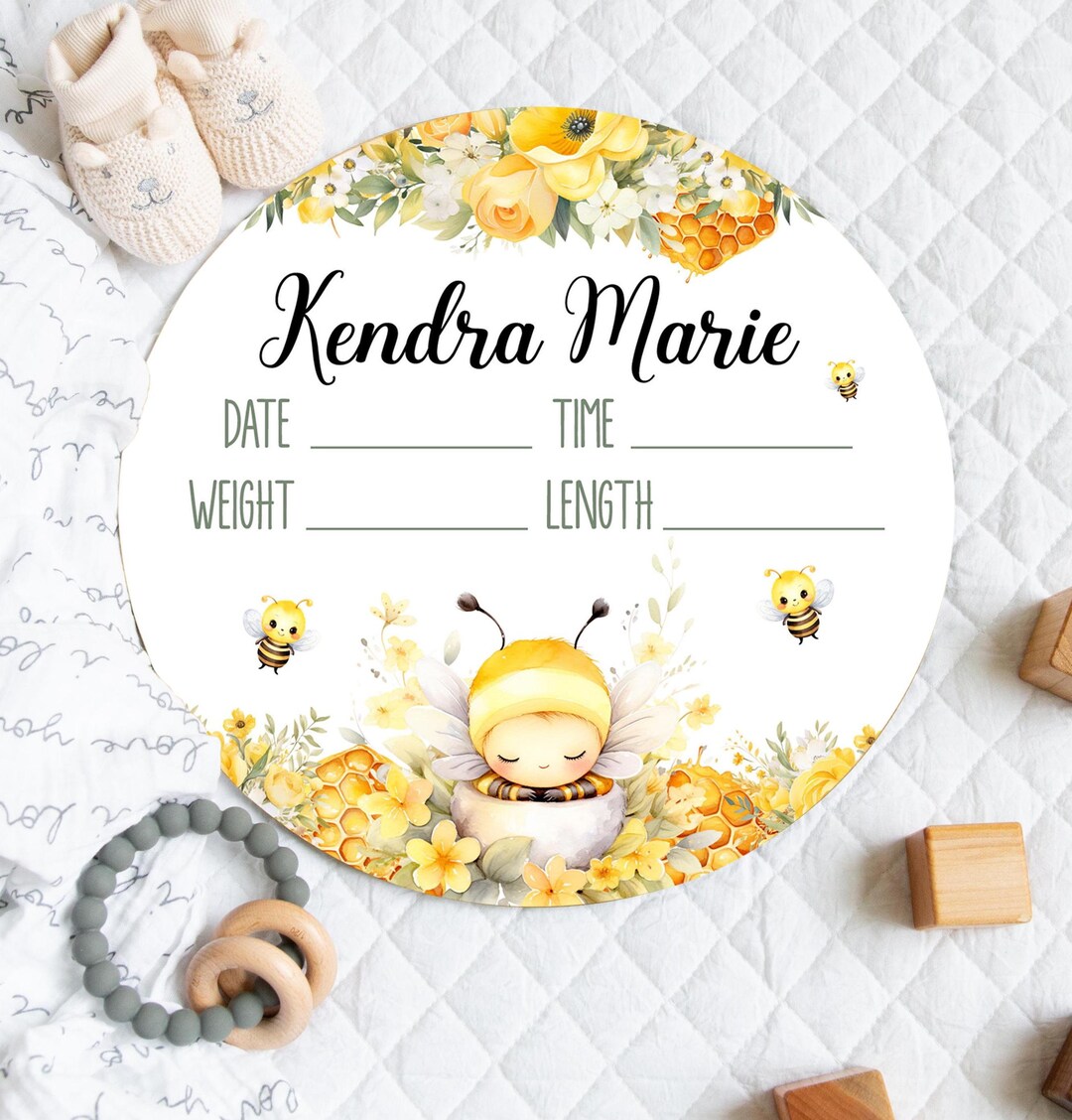 HONEYBEE BABY BIRTH Stats Sign, Round Wood Baby Sign Bees Yellow ...