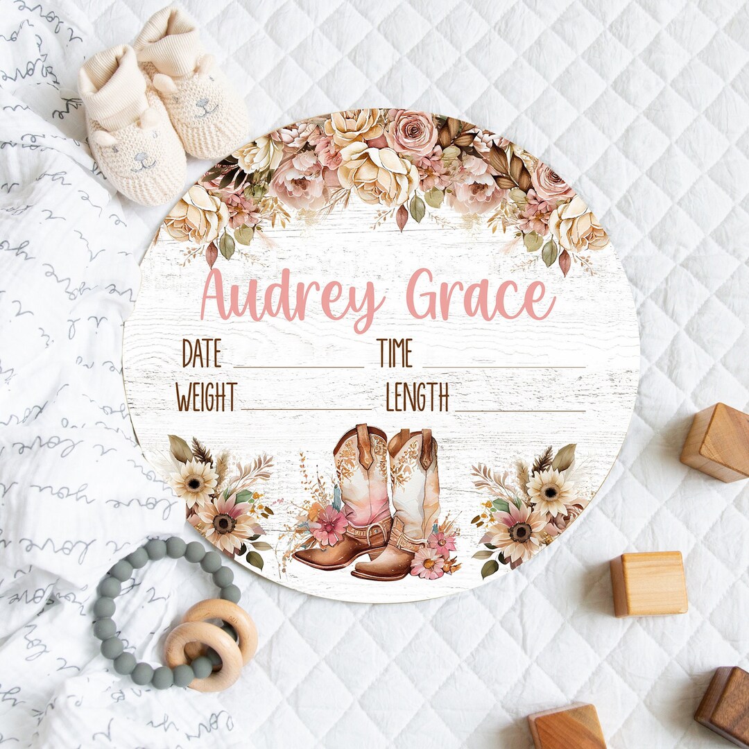 BOHO WESTERN Birth Stat Sign, Personalized Birth Stat Sign Floral ...