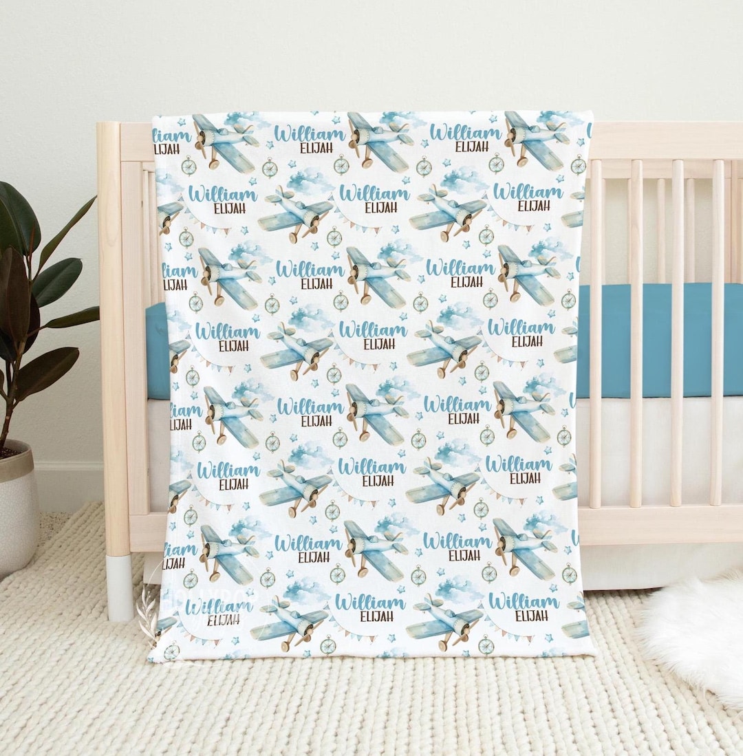 PERSONALIZED BABY BOY Airplane Blanket, Blue Airplane Boy Name Baby ...