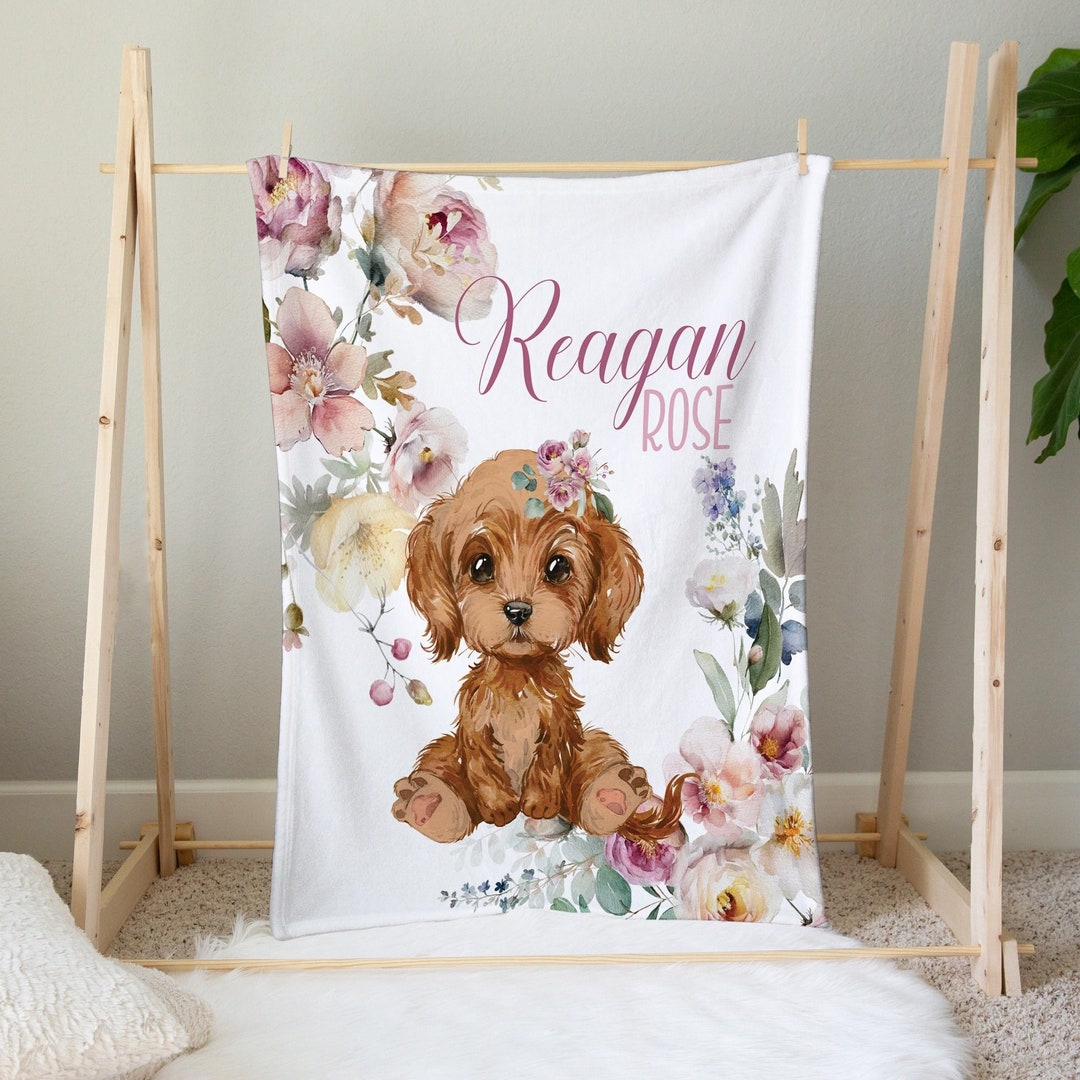 Personalized Labradoodle Baby Blanket, Floral Dog Girl Name Blanket ...
