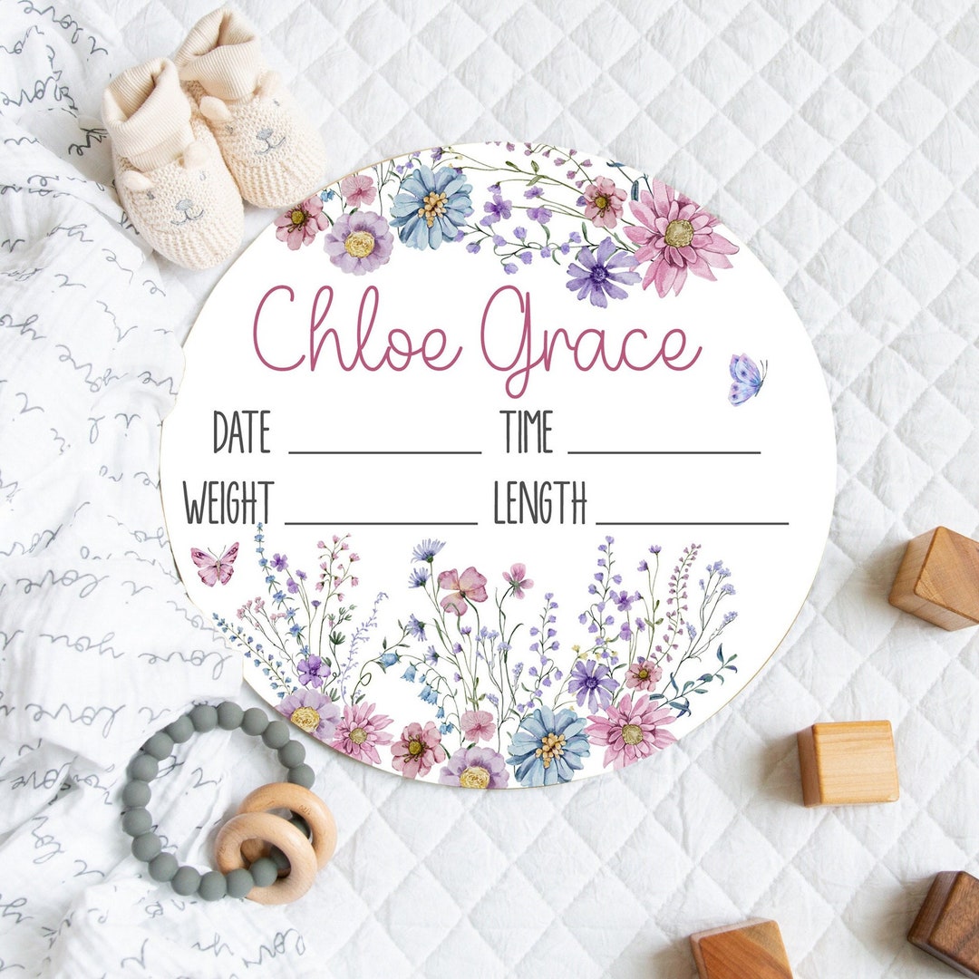 WILDFLOWER BABY GIRL Birth Stat Sign, Round Wood Hospital Sign, Baby ...