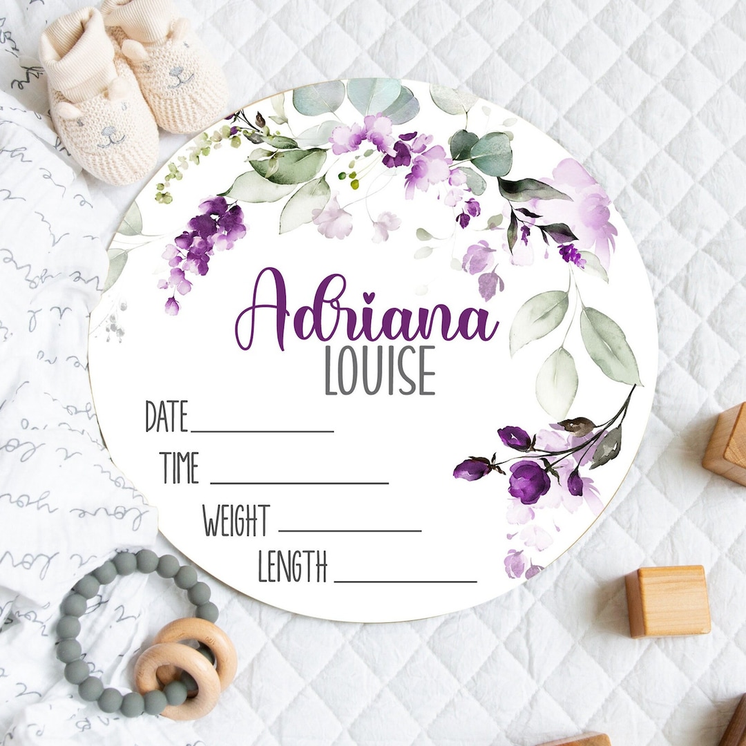 Purple Floral Baby Girl Birth Stats Sign, Newborn Girl Birth ...