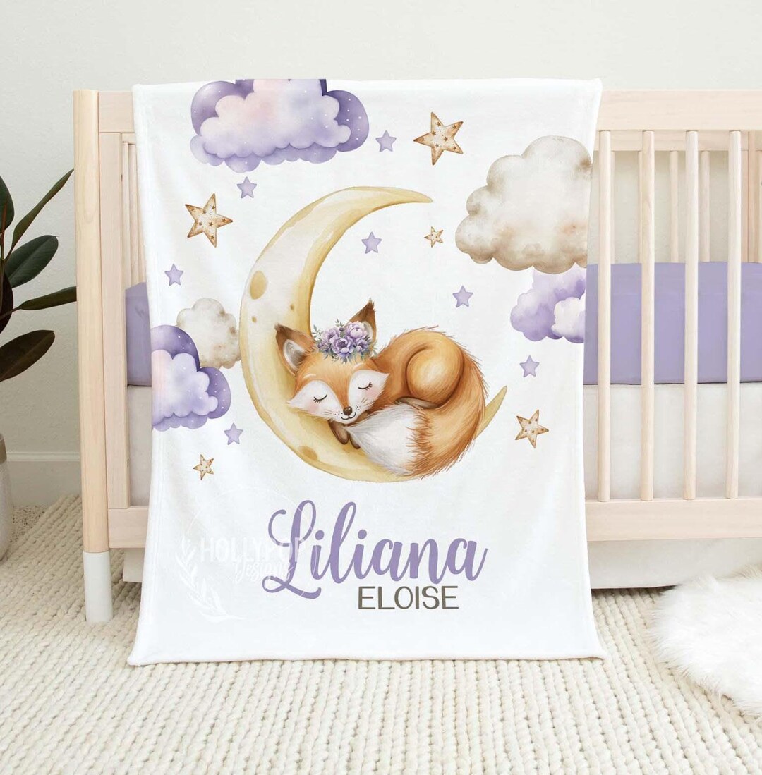 BABY GIRL FOX Blanket, Lullaby Fox Moon Stars Blanket, Personalized ...