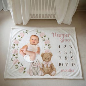 Personalized Baby Girl Milestone Blanket, Floral Teddy Bear Bunny ...