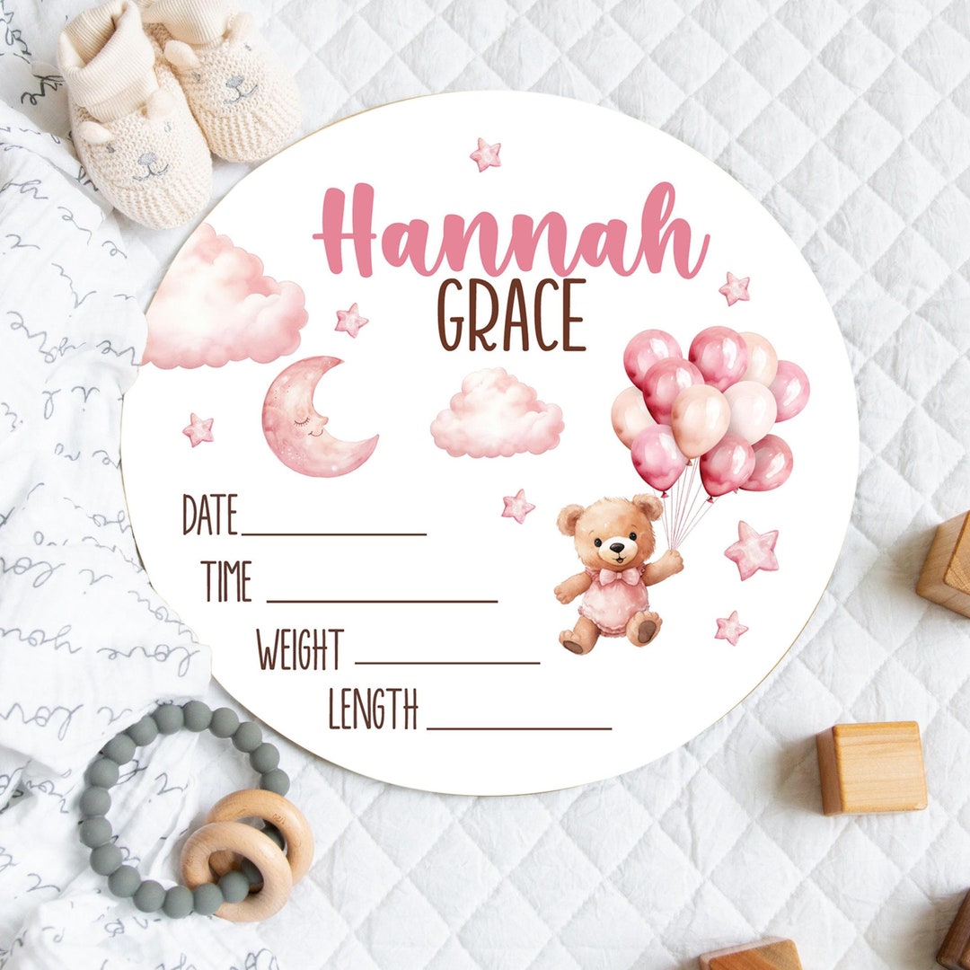 Bear With Balloons Birth Stat Board, Newborn Girl Teddy Bear Birth ...