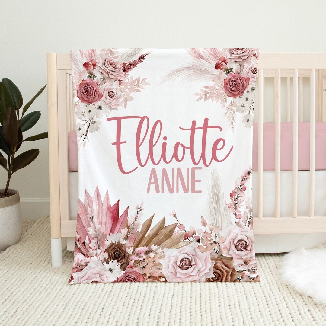 Pink Boho Baby Name Blanket, Personalized Pink Floral Baby Girl Blanket ...