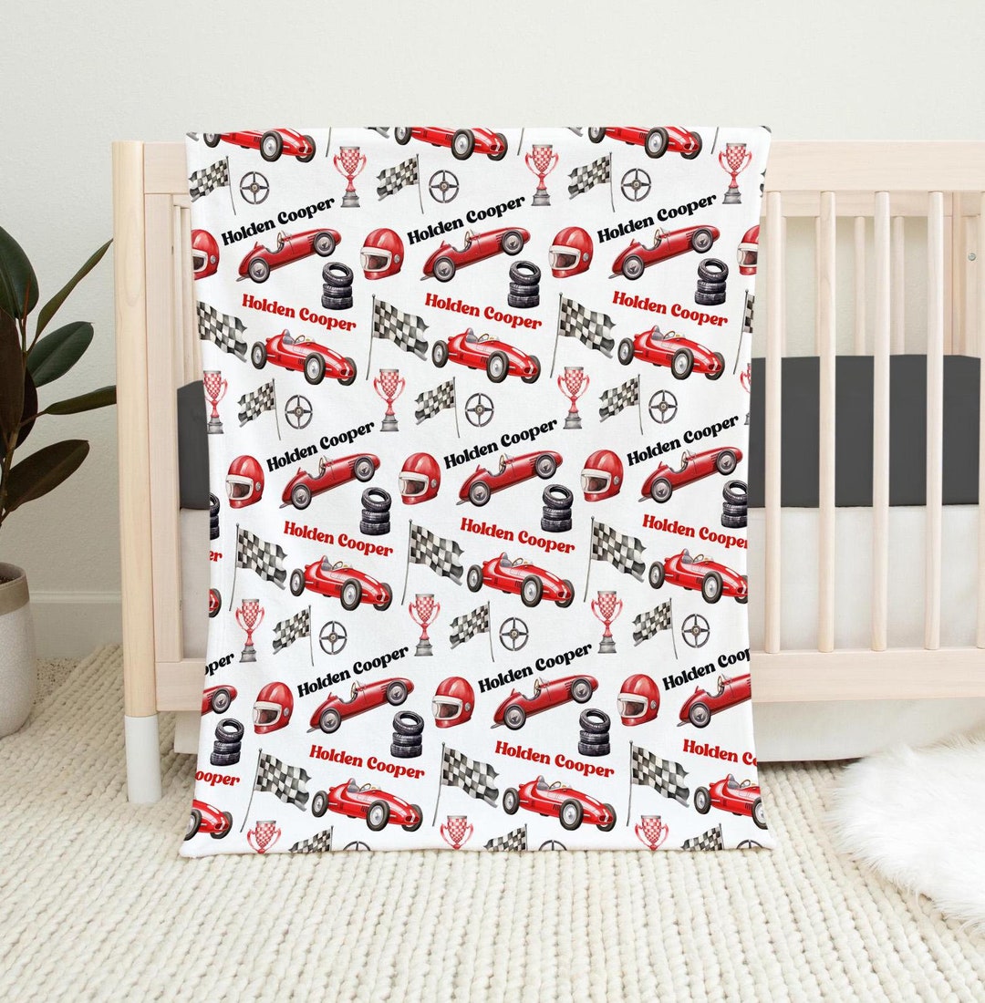 RED RACE CAR Baby Blanket, Racing Nursery Baby Boy Gift, Personalized ...