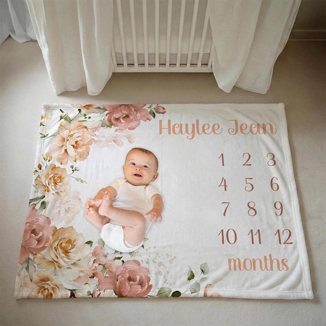 Personalized Floral Milestone Baby Blanket Peach Floral Baby Girl