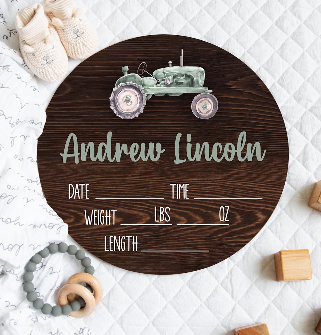 BABY BOY TRACTOR Birth Stats Sign, Round Wood Farm Boy Birth Stats ...
